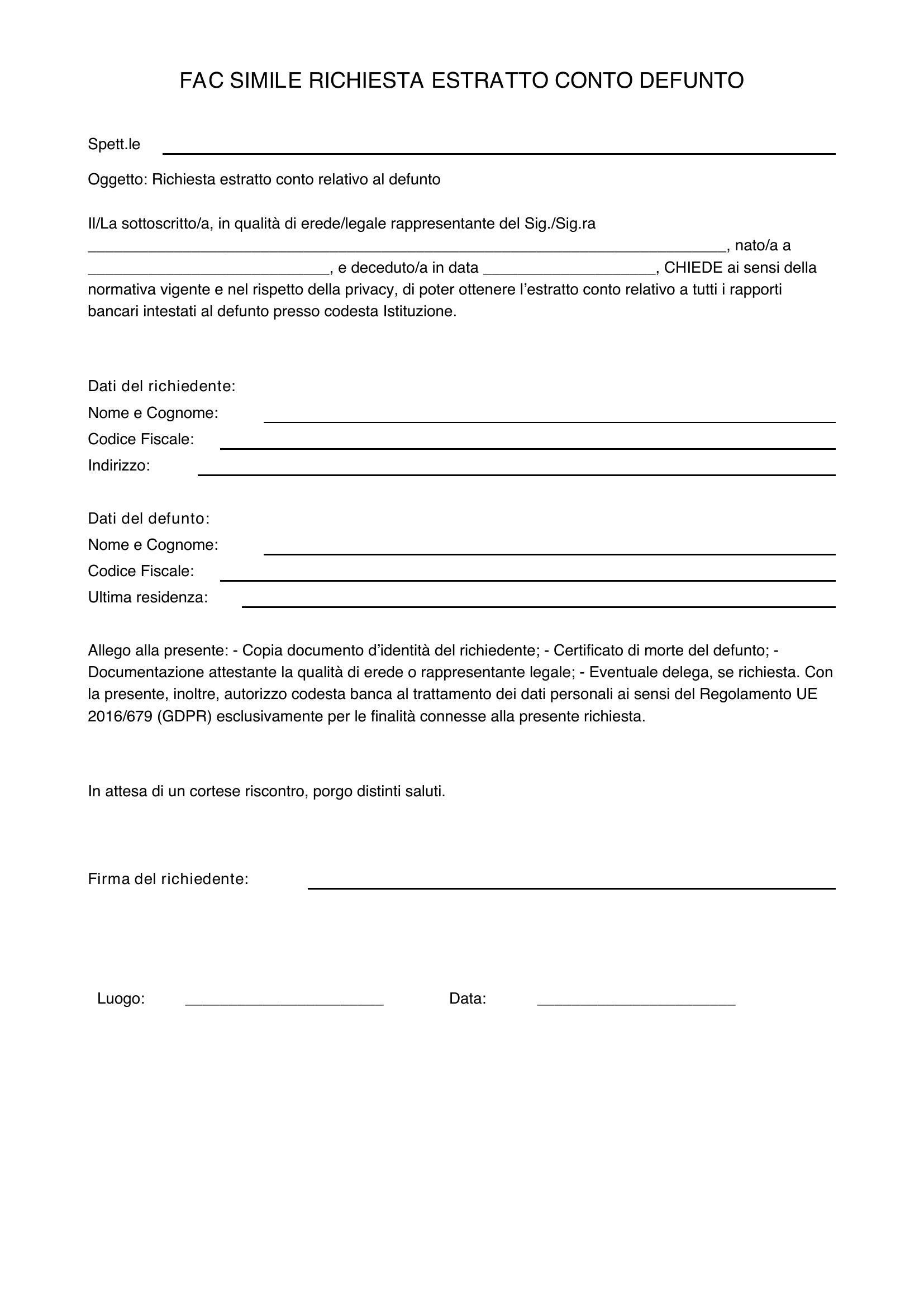 Fac Simile Richiesta Estratto Conto Defunto