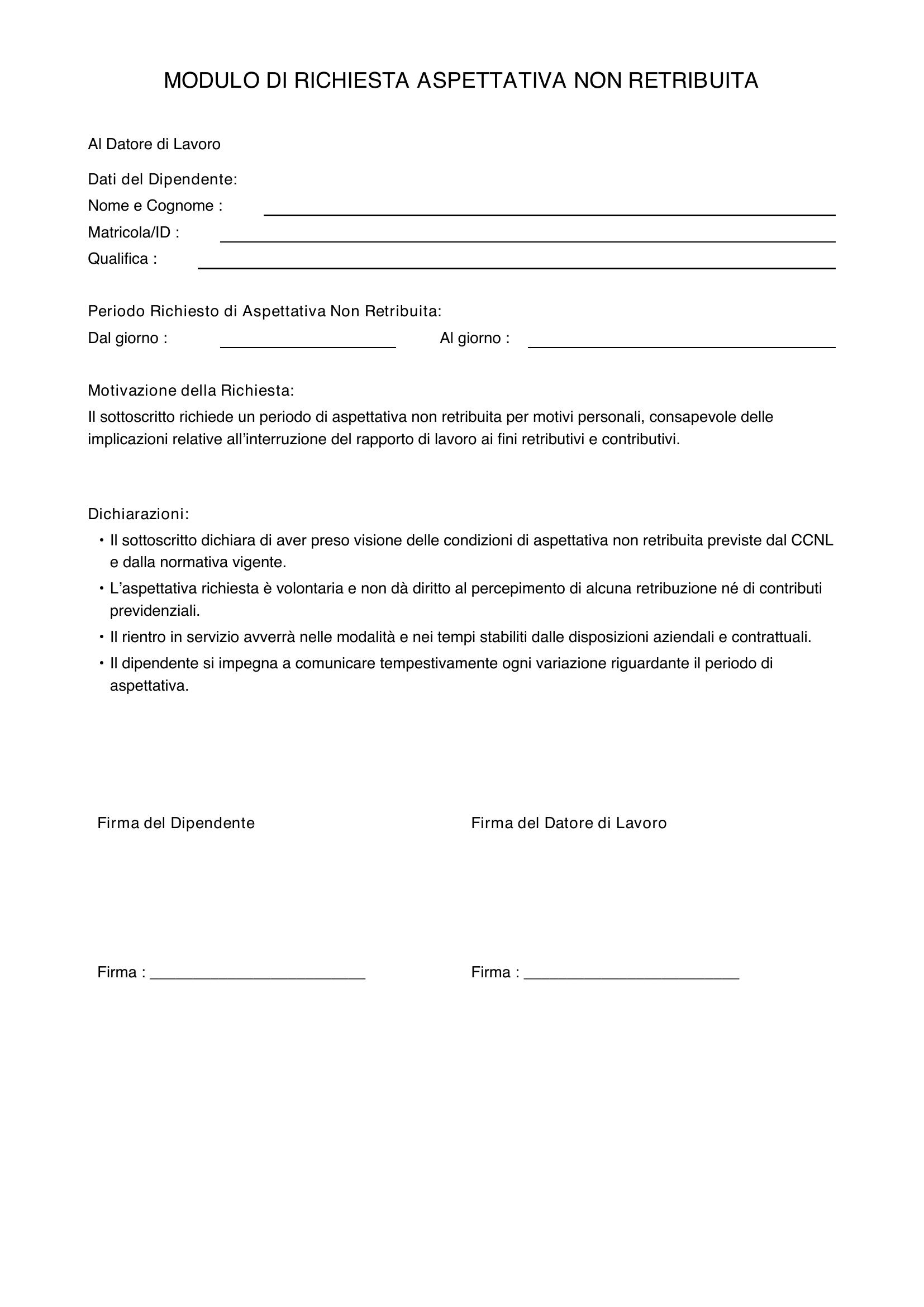 Modulo Richiesta Aspettativa Non Retribuita